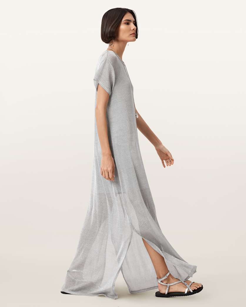 Thea Sparkle Sheer Maxi Dress Metallic Silver | ALLSAINTS US